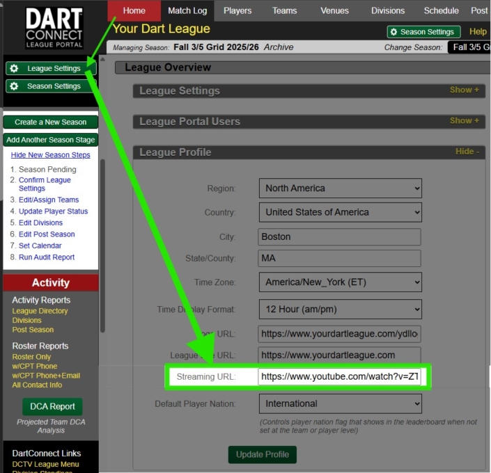 Add a Streaming Link to Your League’s DCTV Channel – DartConnect